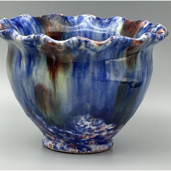 Accents | Vintage Ruffled Pottery Bowl Blue Drip Flow Glaze Signed ...